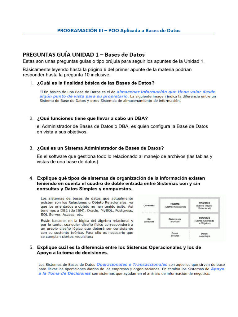 Preguntas Guía para Bases de Datos | PDF | Almacén de datos | Bases de datos