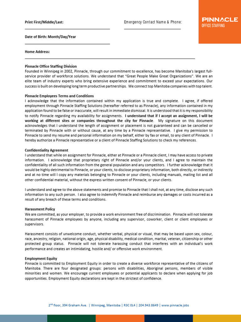 Pinnacle Staffing Application Form | PDF | Harassment | Affirmative Action
