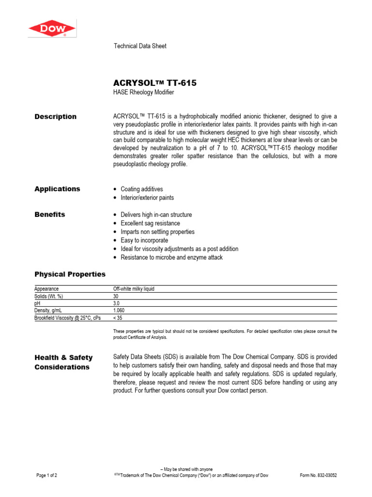 Acrysoltm TT-615 | PDF | Rheology | Paint