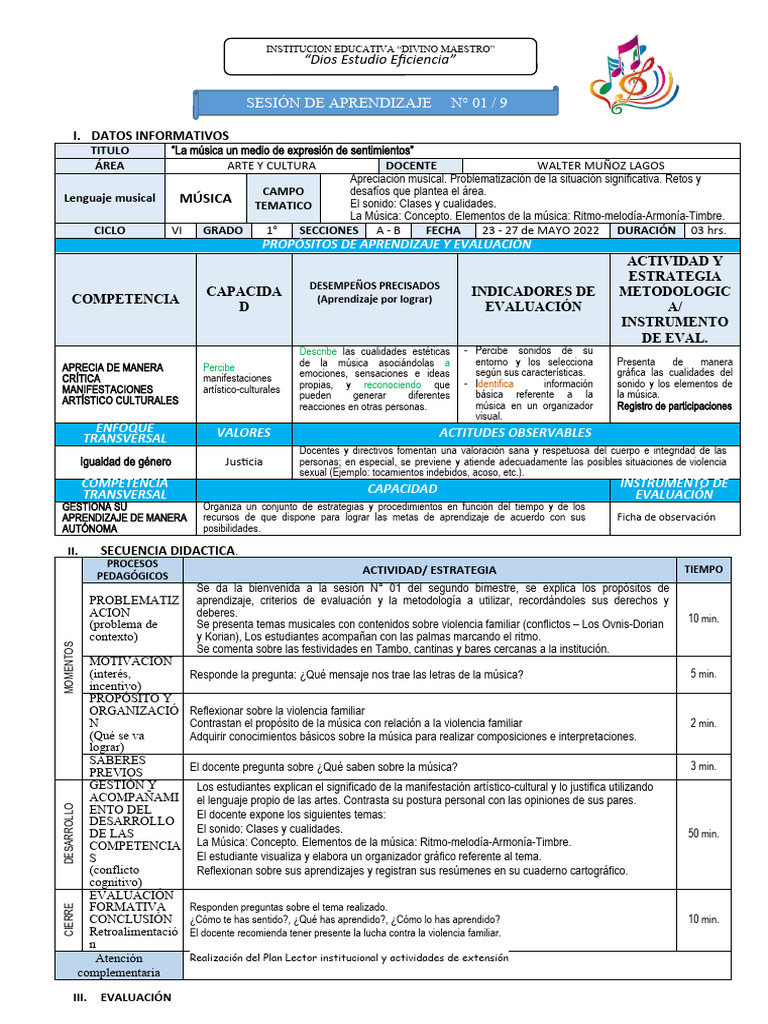 Sesión de Música #01 - 2022 | PDF | Aprendizaje | Evaluación