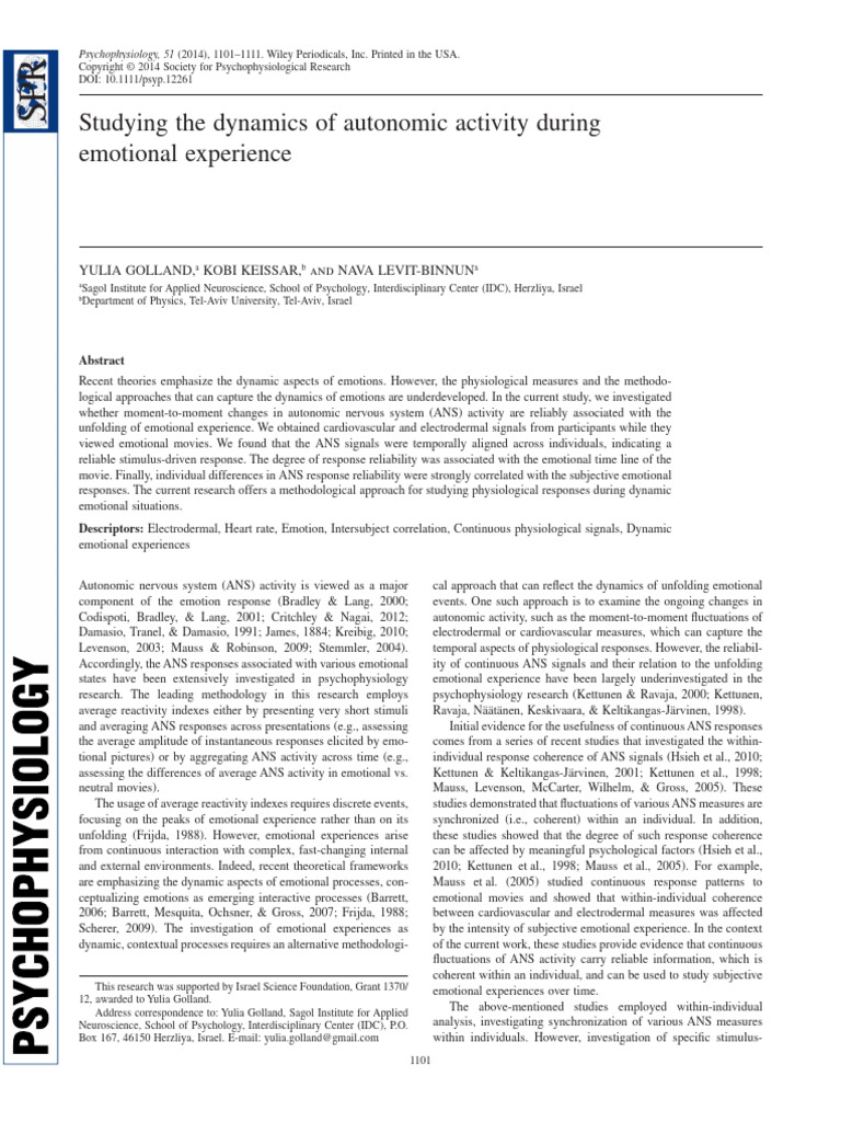 Studying The Dynamics of Autonomic Activity During Emotional Experience ...