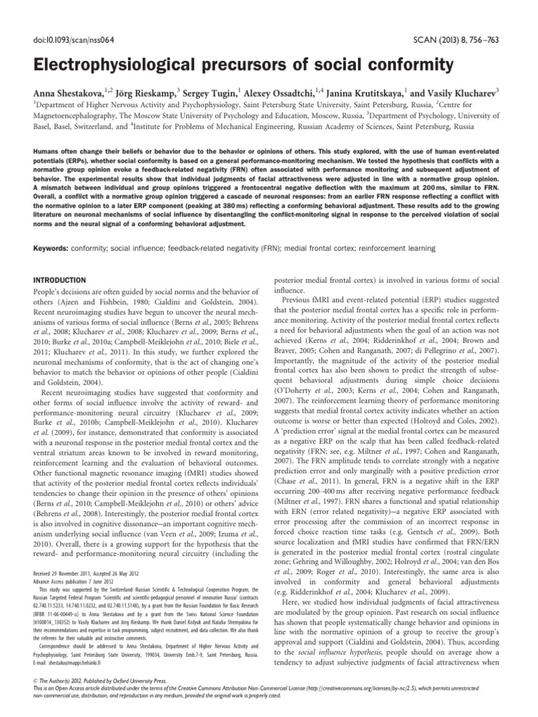 Electrophysiological Precursors of Social Conformity | PDF | Event Related Potential | Conformity