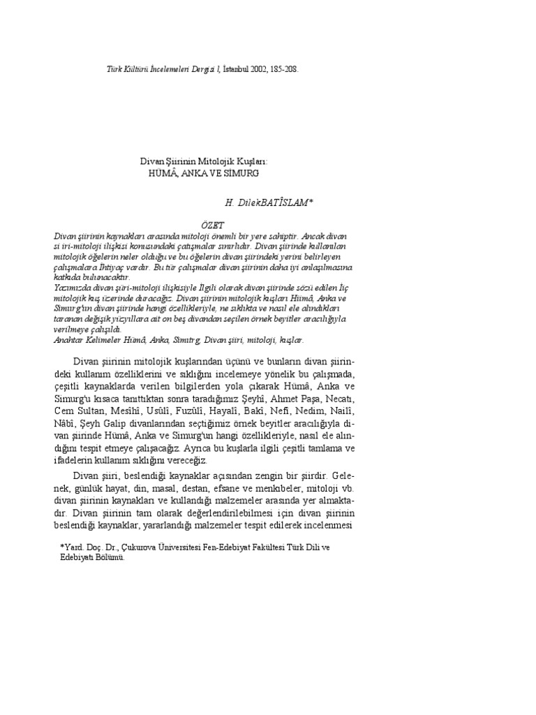 Divan Şiirinin Mitolojik Kuşları - Hümâ, Anka Ve Simurg | PDF