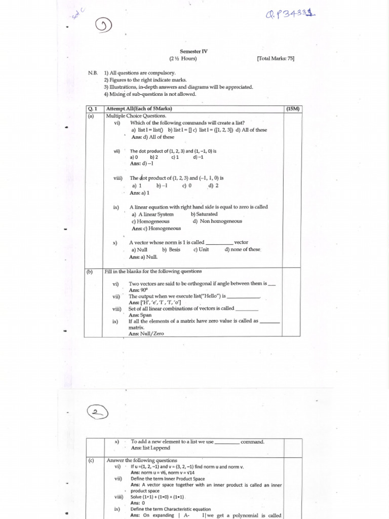 1S00154 S.Y.B.Sc - in Computer Science Sem. IV Choice Base 78905 Linear Algebra Using Python Q.P ...
