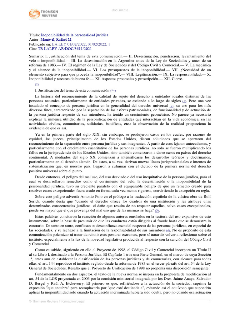 Inoponibilidad de La Personalidad Jurídica Manovil | PDF | Caso de ley ...