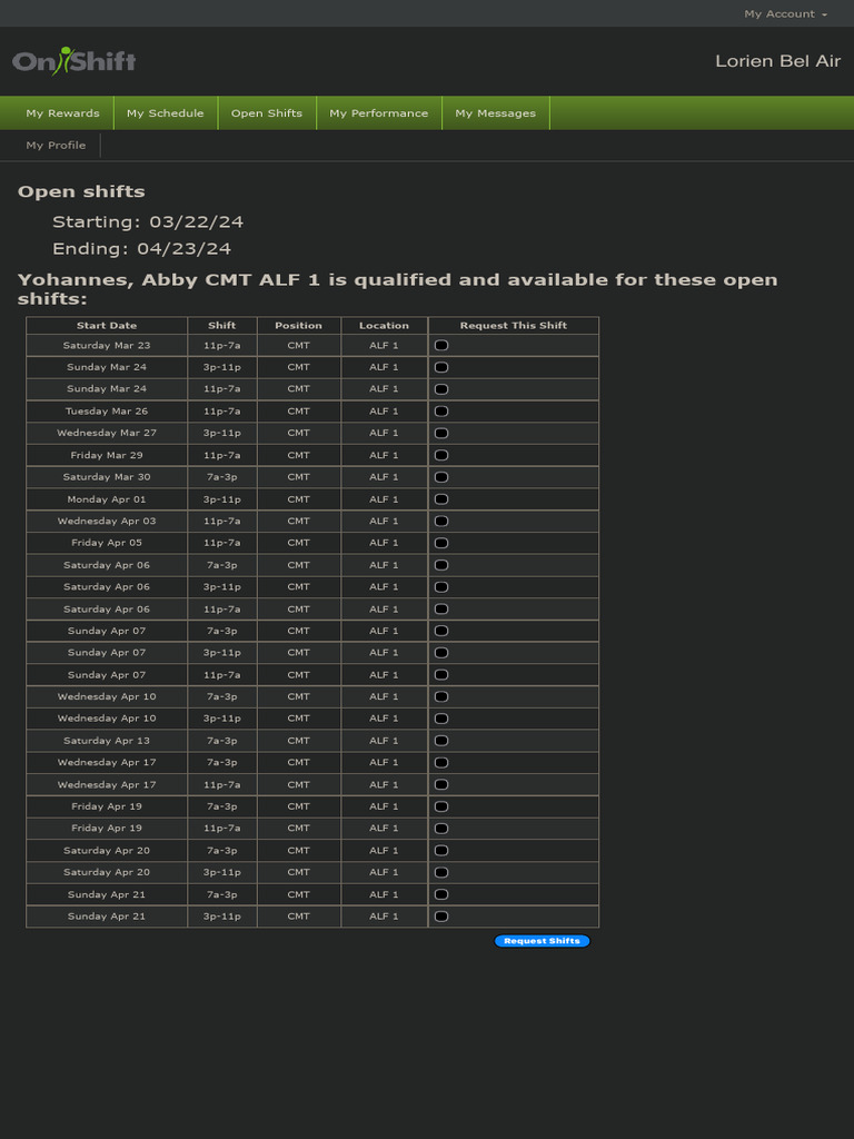Available Shifts For Yohannes, Abby CMT ALF 1 Fro | PDF
