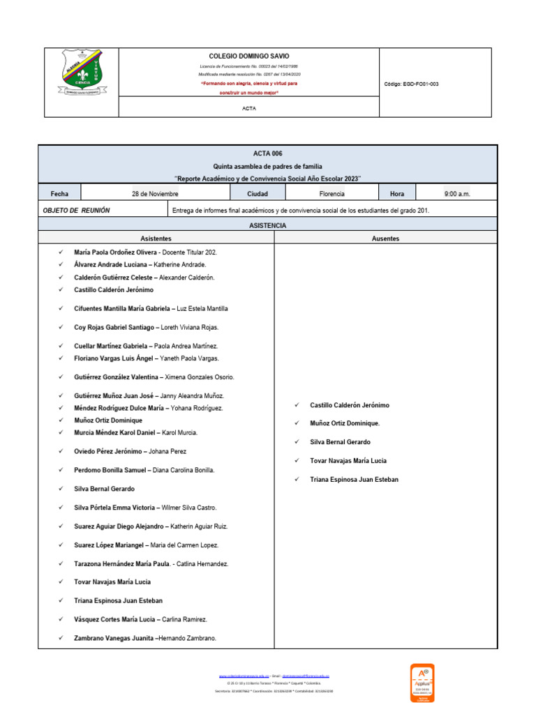 ACTA #006 - "Reporte Académico y de Convivencia Social Año Escolar 2023" | PDF