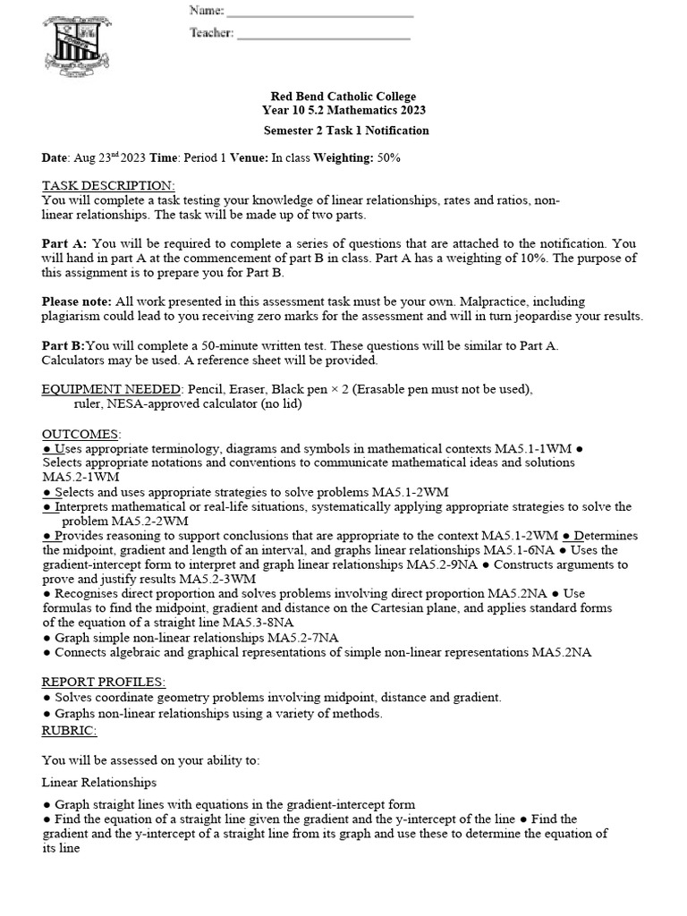 10 5.2 Sem 2 Task 1 notification 2023 | PDF | Line (Geometry) | Equations 10 5.2 Sem 2 Task 1 notification 2023 | PDF | Line (Geometry) | Equations