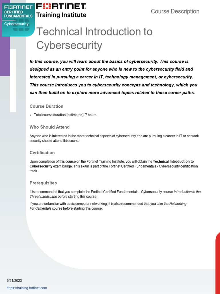 Technical Introduction To Cybersecurity 1 0 Course Description Pdf