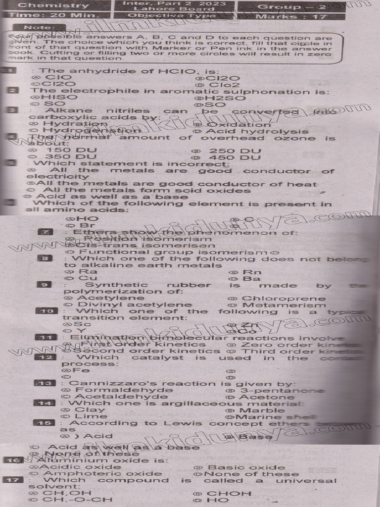 Past Paper 2023 Lahore Board Inter Part II Chemistry Group II Objective ...