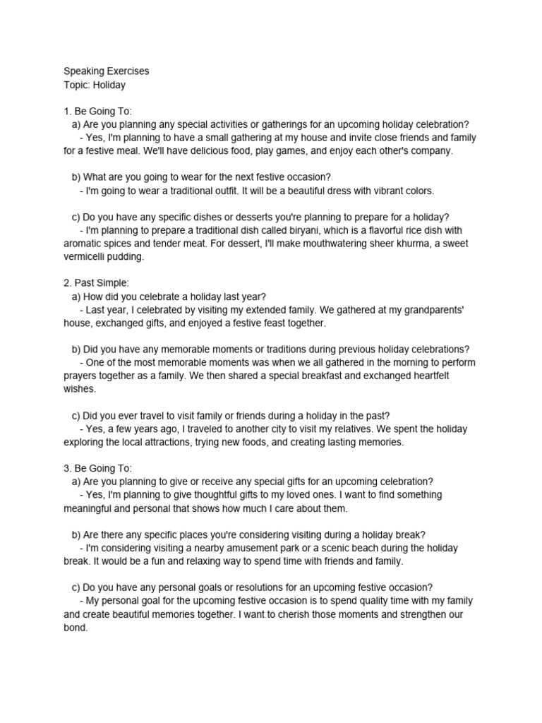 Speaking Exercises Holiday | PDF | Cooking | Cuisine