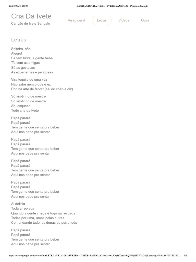 Letra Cria Da Ivete - Ivete Sangalo - Pesquisa Google | PDF