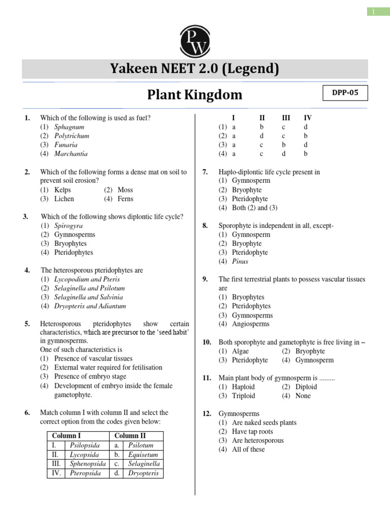 64d5e4ae9baa3b0018ef584e ## Plant Kingdom DPP 05 of Lec 06 Yakeen | PDF | Plants | Botany