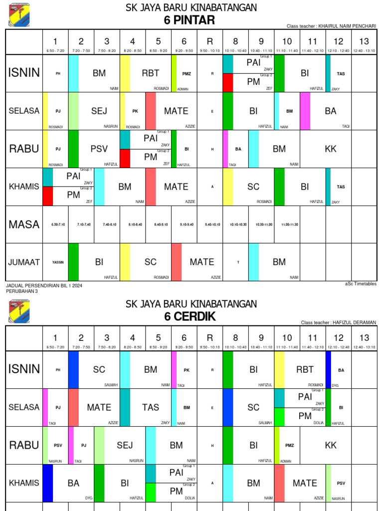 Jadual Waktu Kelas SKJB Sidang Pagi 2024 Bil 1 Perubahan 3 | PDF