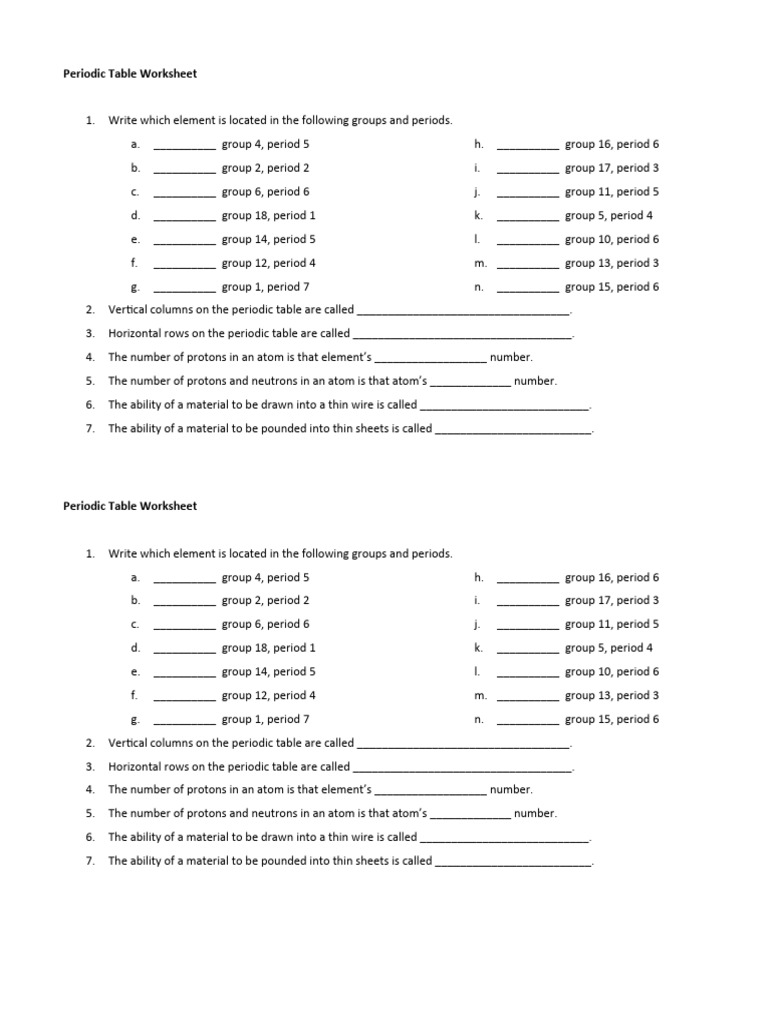 Periodic Table Worksheet | PDF | Atoms | Periodic Table