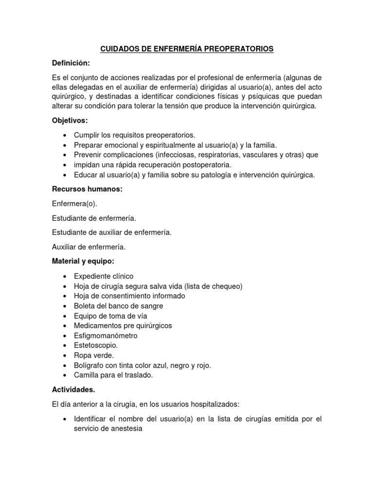 Cuidados Preoperatorios de Enfermería | PDF | Herida | Lavado de manos