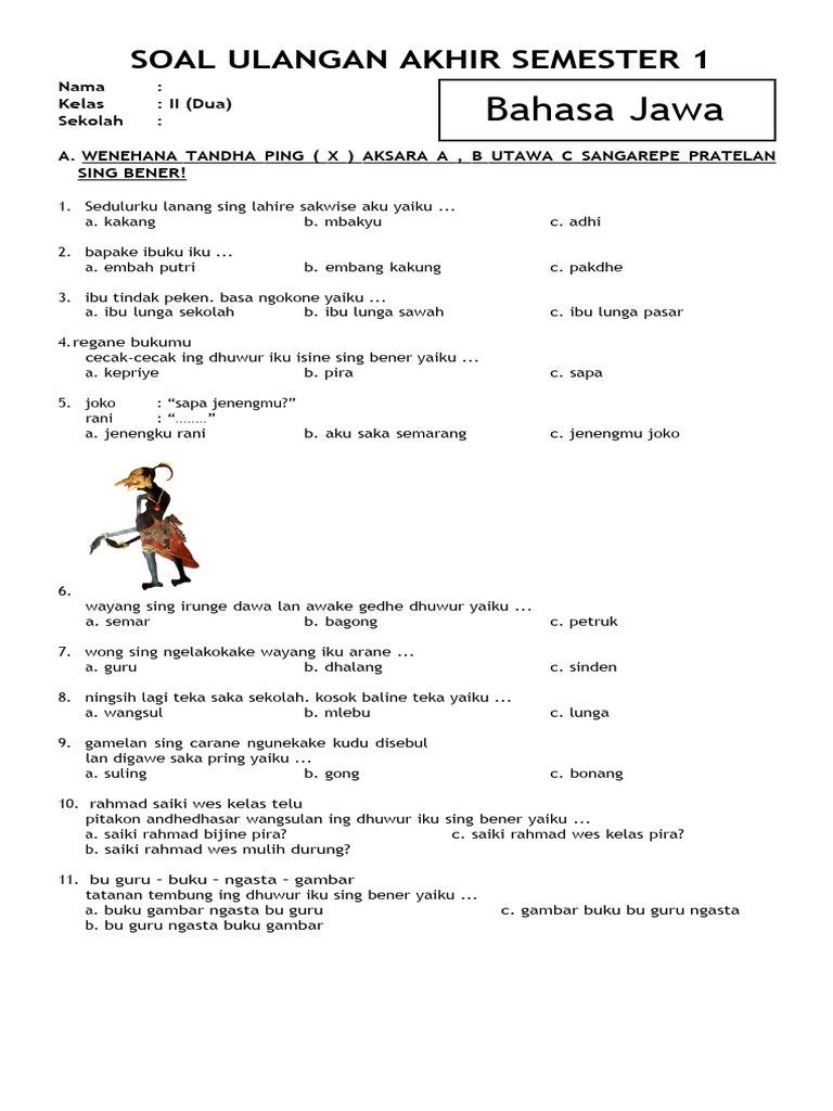 Soal UAS Bahasa Jawa Kelas 2 SD Semester 1 (Ganjil) Dan Kunci Jawabannya | PDF