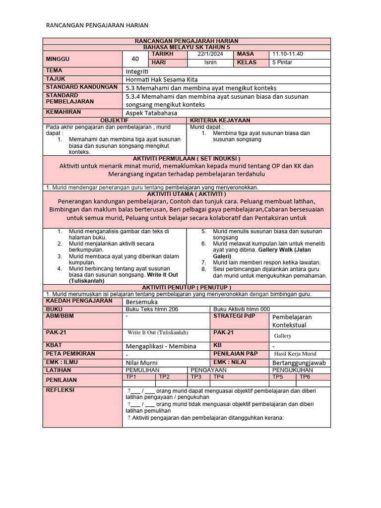 RPH Minggu 40 BM THN 5 by Cikgu Gorgeous | PDF