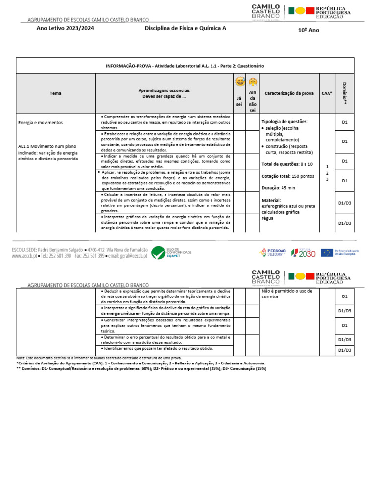 Informação-Prova 4 - Questionário AL1.1 | PDF | Medição | Física