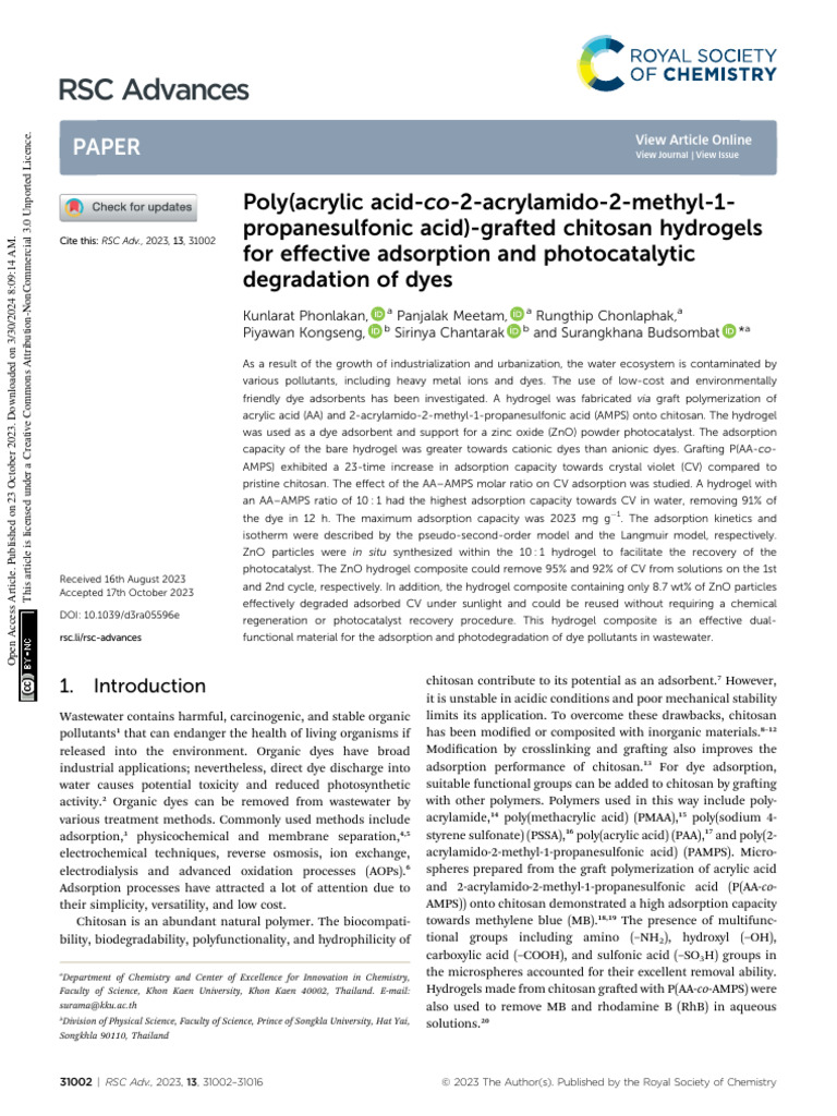 RSC Advances: Paper | PDF | Adsorption | Scanning Electron Microscope