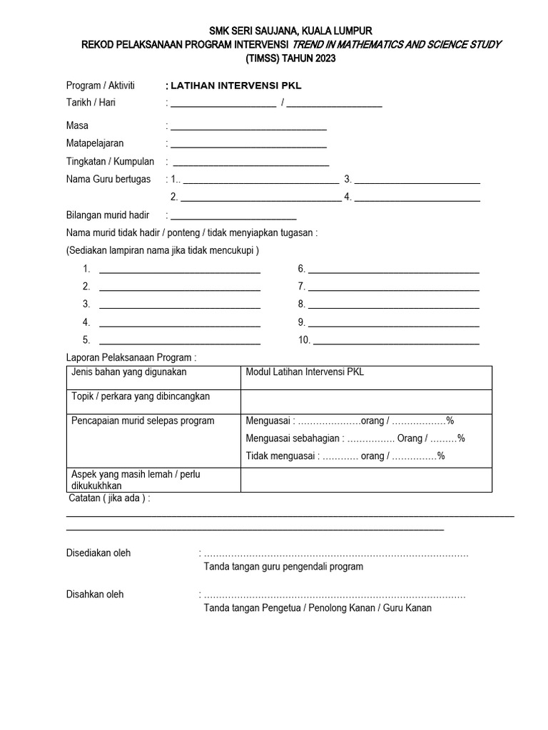 BORANG LAPORAN PELAKSANAAN AKTIVITI PROGRAM TIMSS | PDF