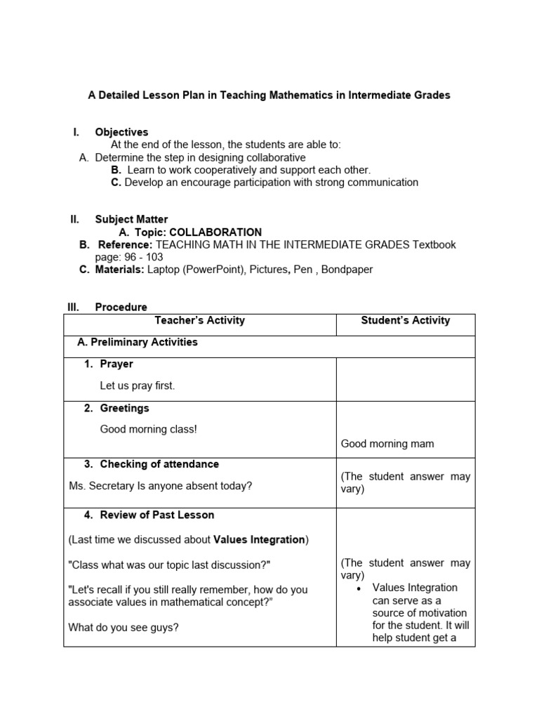 A Detailed Lesson Plan in Teaching Mathematics in Intermediate Grade1 ...