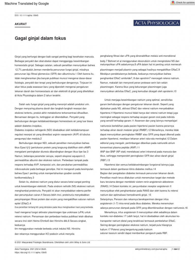 Acta Physiologica - 2021 - Auge - Renal Failure in Focus | PDF