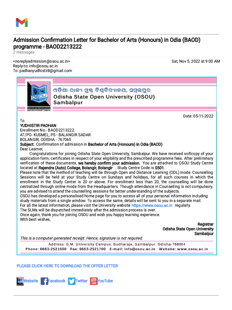Gmail - Admission Confirmation Letter for Bachelor of Arts (Honours) in Odia (BAOD) programme ...