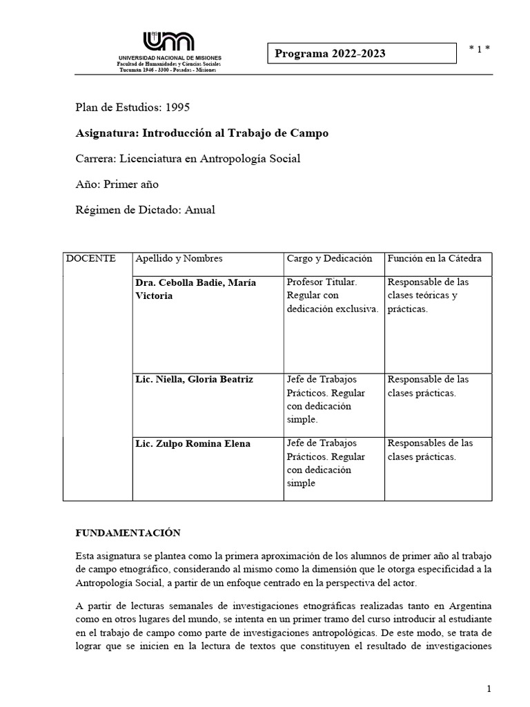 Introducción Al Trabajo de Campo. Programa 2022-2023 | PDF | Etnografía | Conocimiento