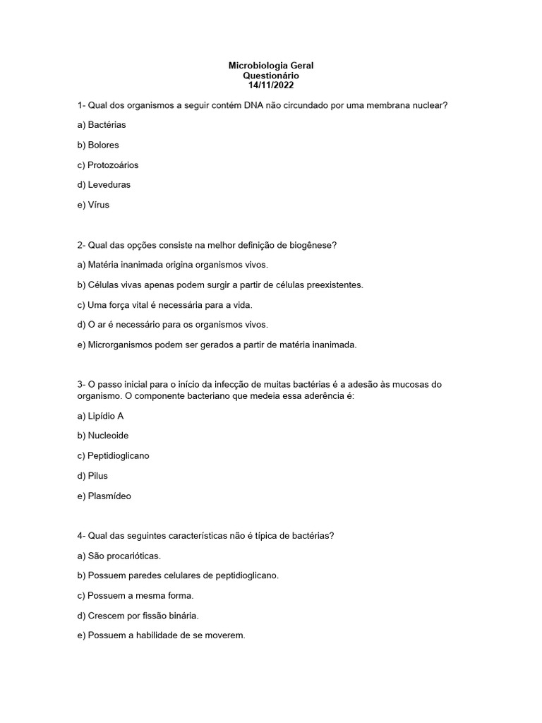 Microbiologia Geral Atividade (Questionário) | PDF | Célula (Biologia) | Vírus
