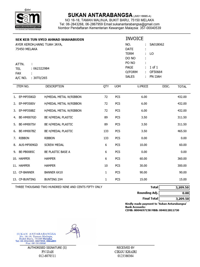 Sukan Antarabangsa: Invoice | PDF