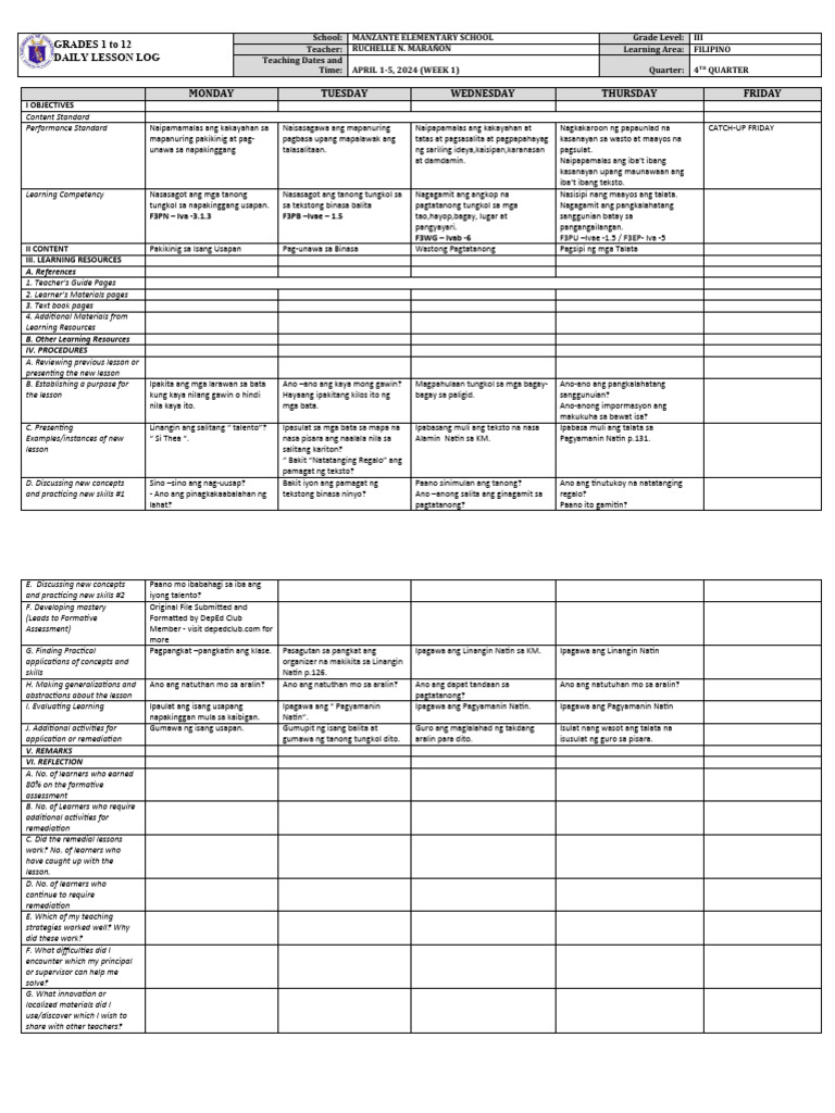 DLL_FILIPINO 3_Q4_W1 | PDF