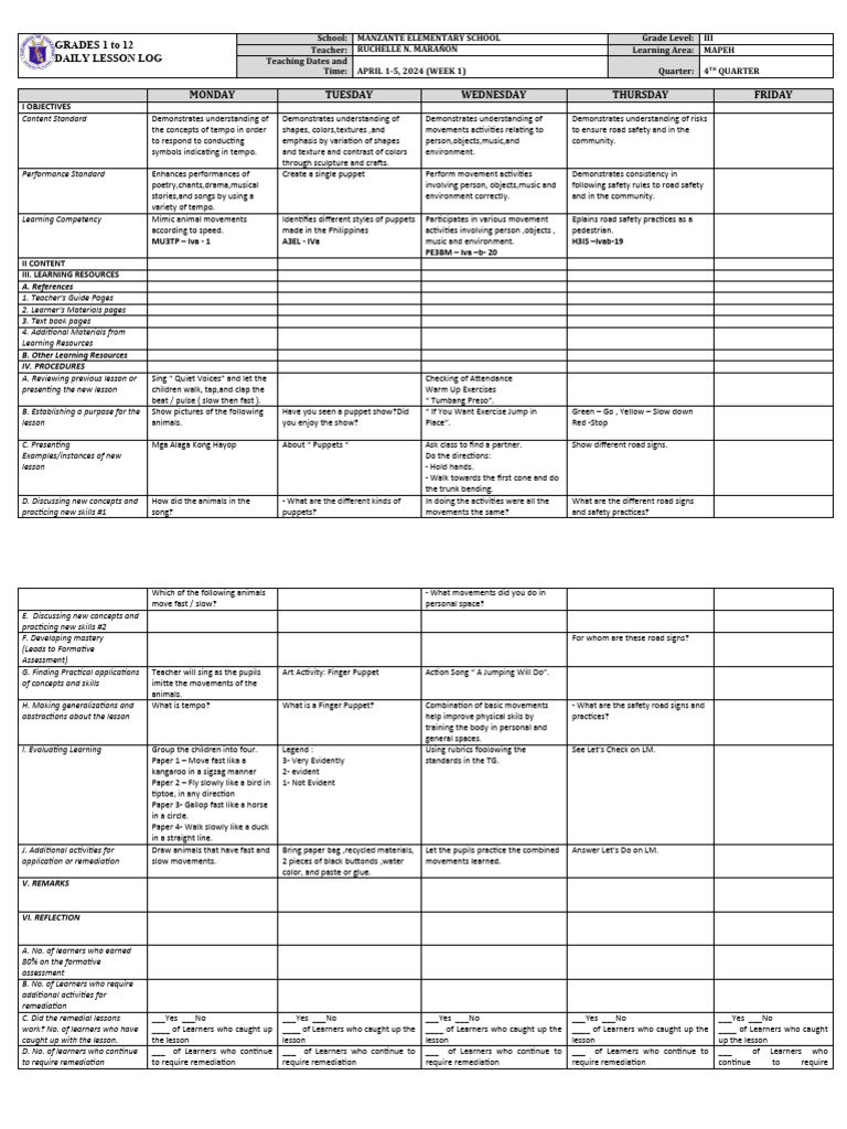 DLL - Mapeh 3 - Q4 - W1 | PDF | Learning | Teachers