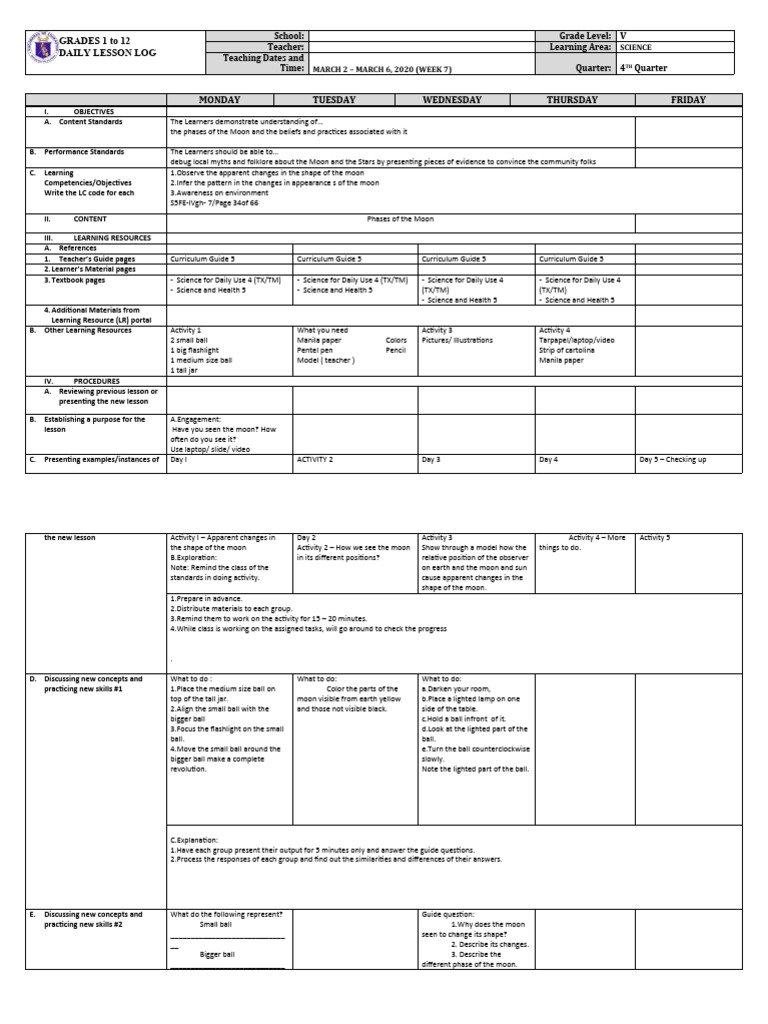 Grade 5 Dll Science 5 q4 Week 7 | PDF | Moon | Learning