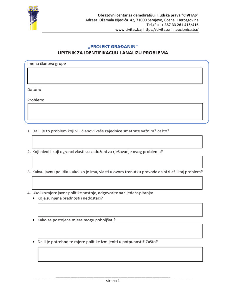 Upitnik Za Identifikaciju I Analizu Problema - Bosanski - 1615489697 | PDF
