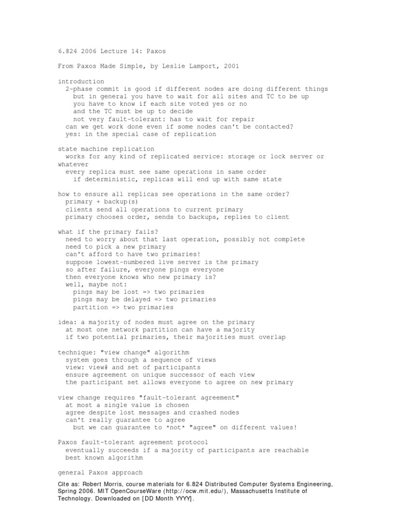 Lec14 Paxos | PDF | Replication (Computing) | Computer Architecture