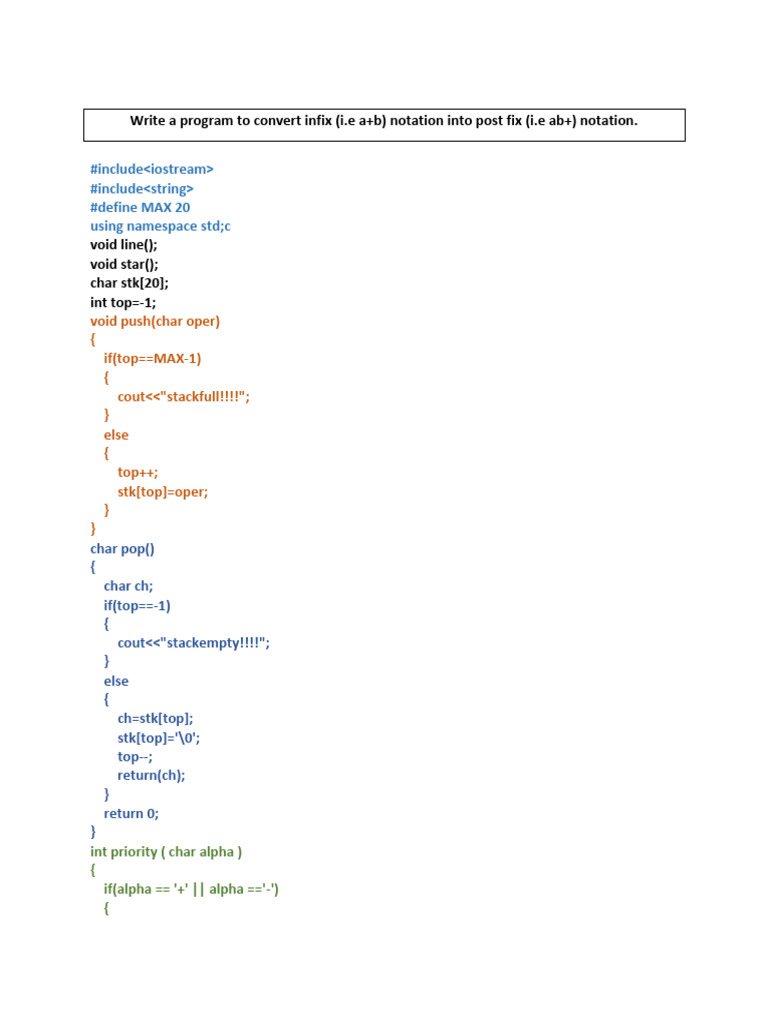 Code For Converting Infix Notation To Post Fix Pdf Computer Programming Software Engineering