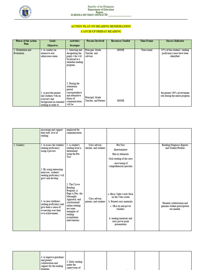 Action Plan Catch Up Friday | PDF | Reading Comprehension | Pedagogy