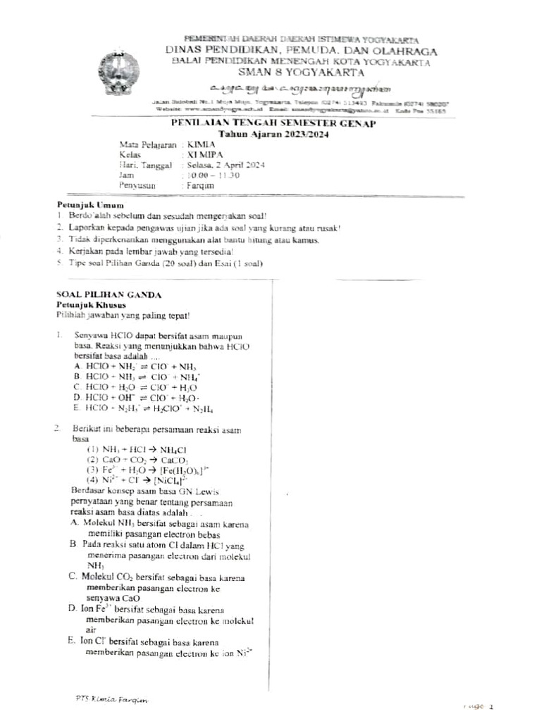 Uts Kimia Genap 2023-2024 | PDF