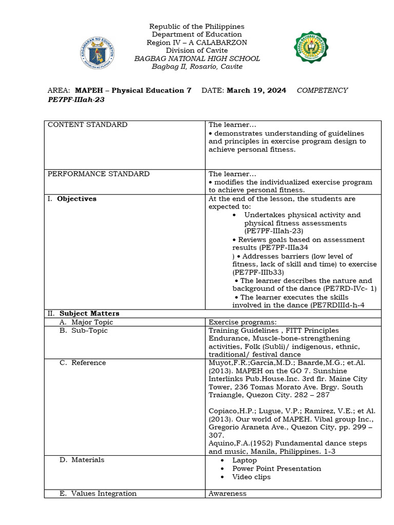 Detailed Lesson Plan in PE Grade 7 Q3 L2 | PDF | Teachers | Learning