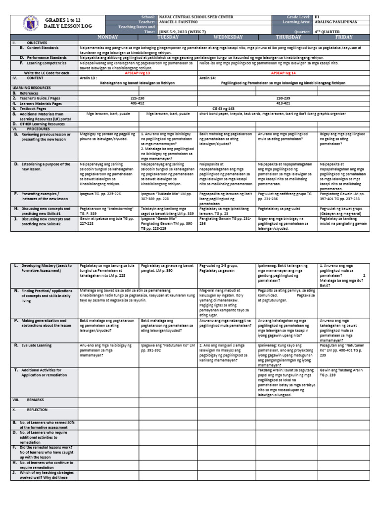DLL - Araling Panlipunan 3 - Q4 - W7 | PDF
