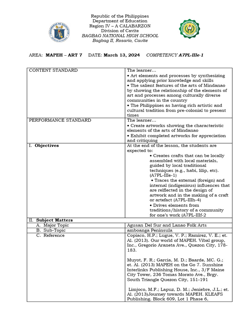 Detailed Lesson Plan in Art Grade 7 Q3 L3 | PDF | Learning | Cognition