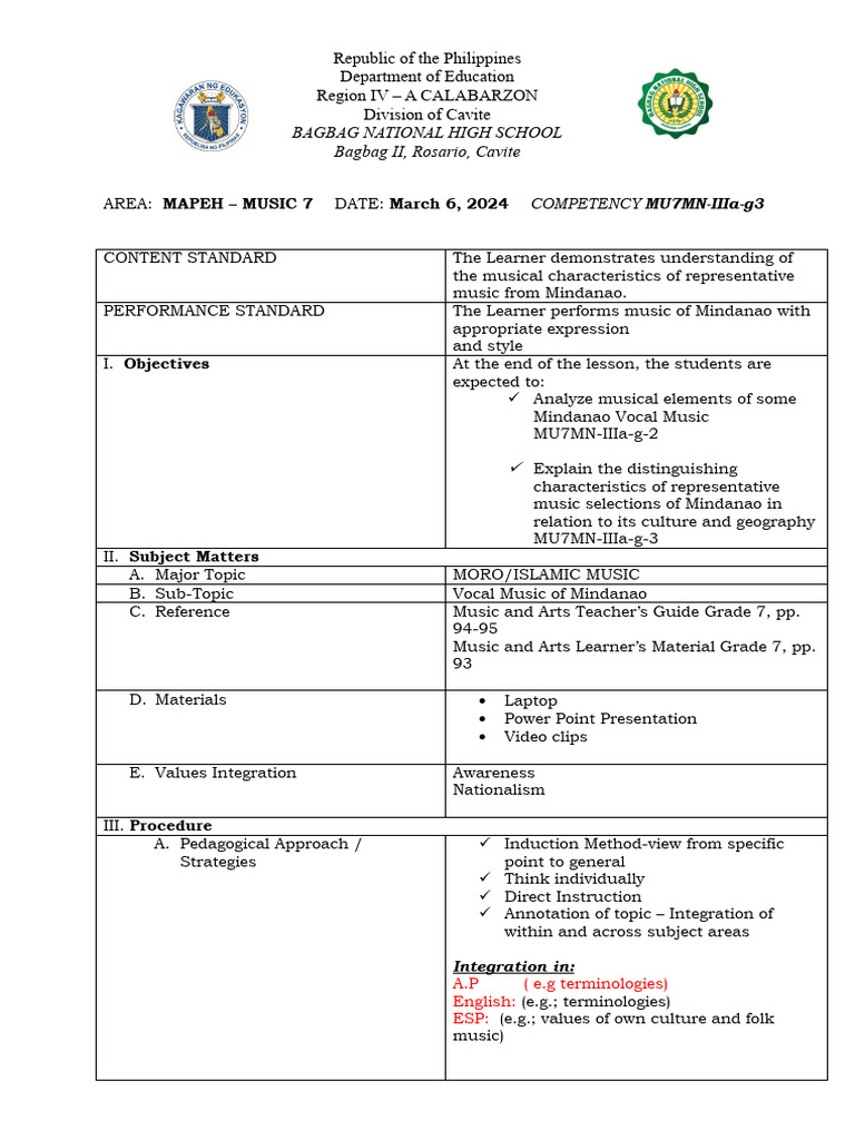 Detailed Lesson Plan in Music Grade 7 Q3 L3 | PDF | Musical Compositions | Musicology