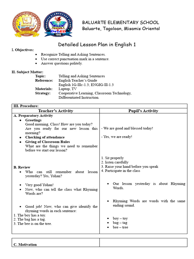 Telling and Asking Sentences Lesson Plan | PDF | Lesson Plan | Teachers
