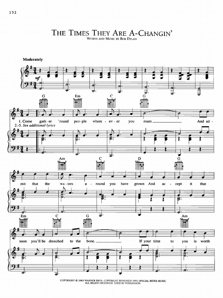 Times Are A Changing by Bob Dylan Sheet Music | PDF