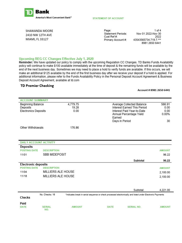 TD Premier Checking: Shawanda Moore 2410 NW 12TH AVE MIAMI, FL 33127 ...