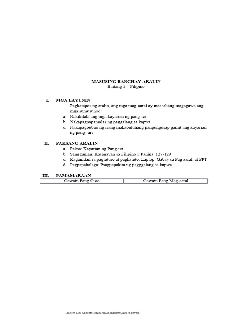 Lesson Plan Pang Uri Grade 5 Pdf