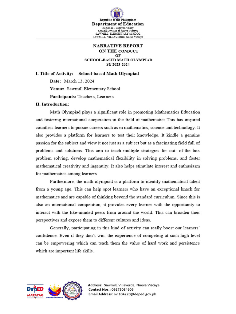 NARRATIVE REPORT Math Olympiad | PDF | Mathematics | Learning