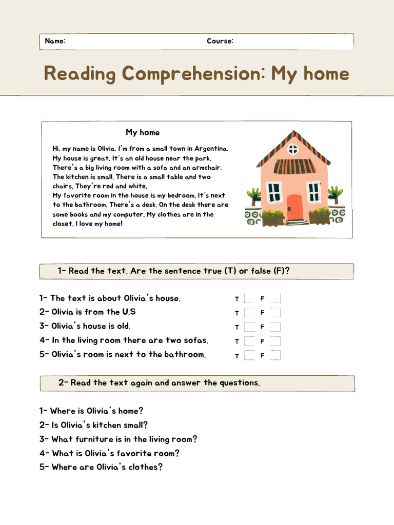 Cream and White Illustrative Reading Comprehension My Home Worksheet | PDF