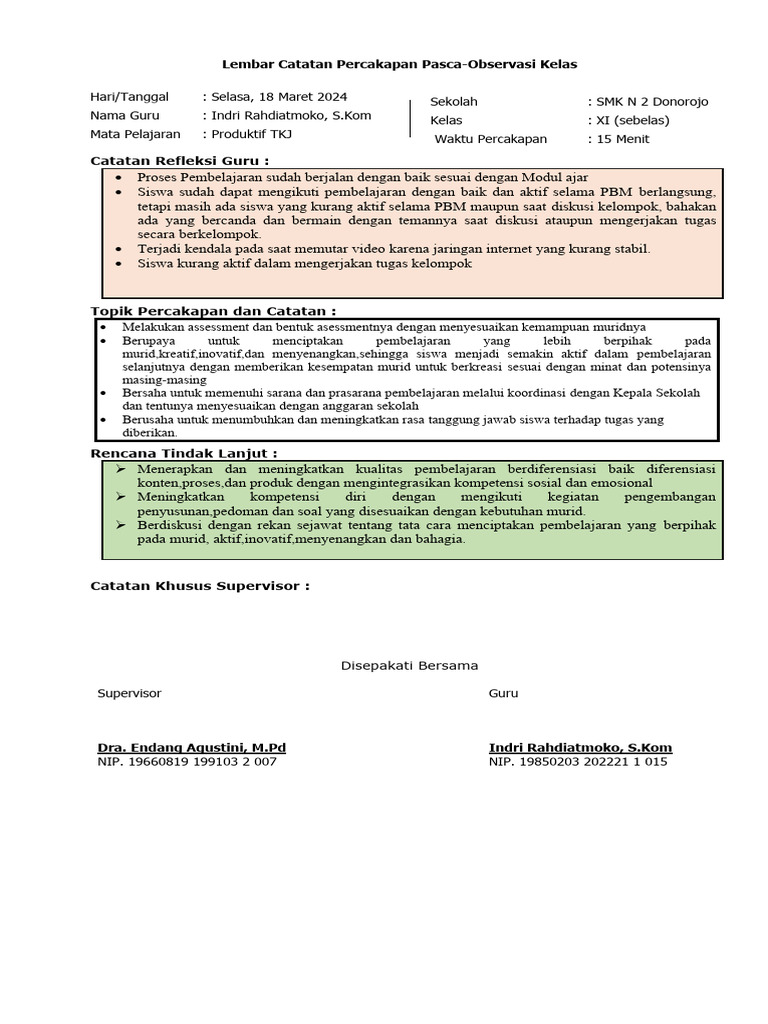 0 Contoh Pengisian Form Pasca Observasi Kelas | PDF